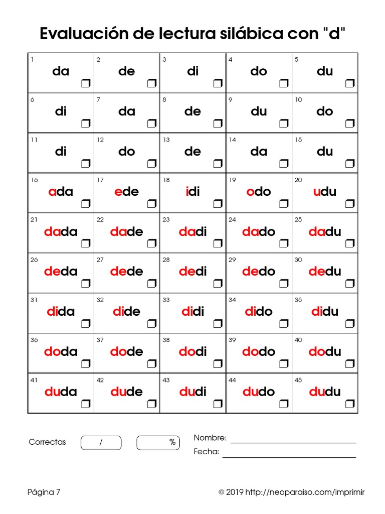 Evaluacion de Lectura Silabica - D | PDF