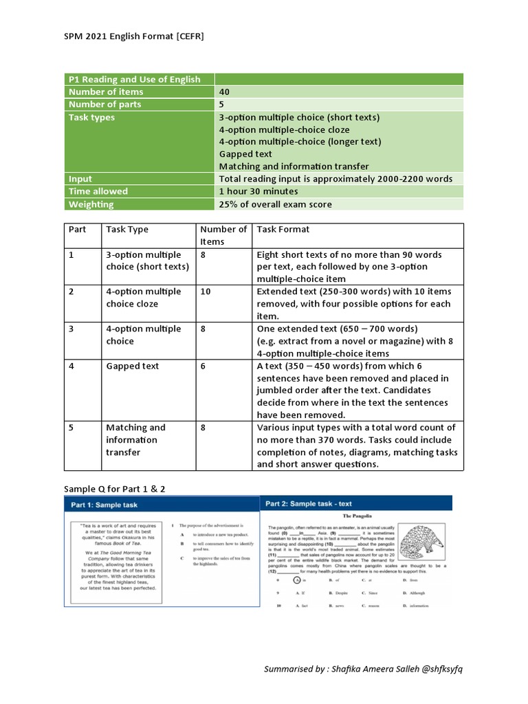 P1 Reading and Use of English Number of Items Number of Parts Task ...