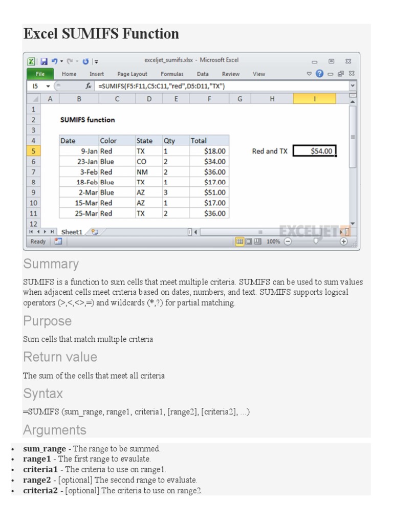 Excel Sumifs Function Pdf Software Engineering Teaching Mathematics