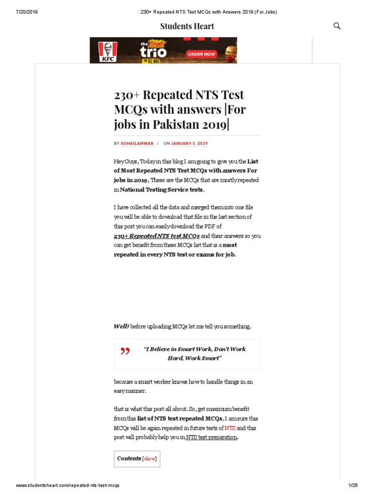 230+ Repeated NTS Test MCQs With Answers 2019 (For Jobs) PDF | PDF ...
