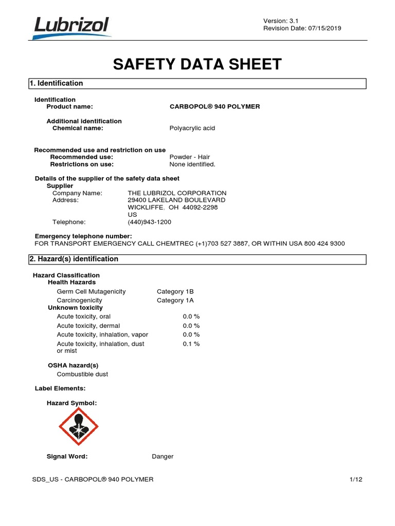 Carbopol 940 Polymer (SDS) | PDF | Benzene | Occupational Hygiene