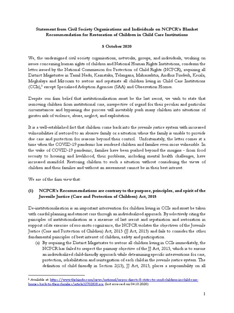 Statement On NCPCR Letter To DMs | Download Free PDF | Children's ...