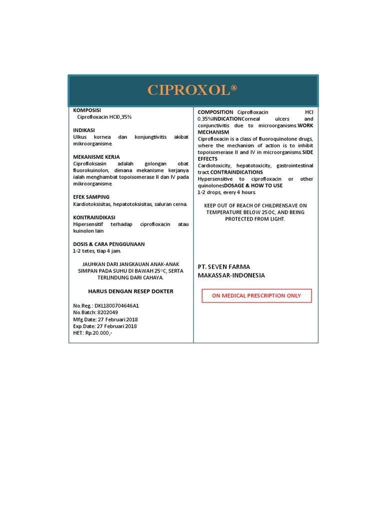 Ciproxol: Komposisi COMPOSITION Ciprofloxacin | PDF | Pharmaceutical ...