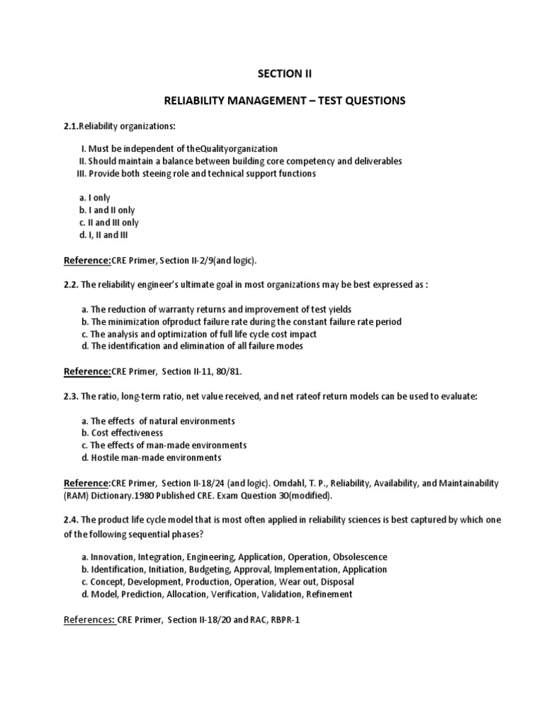 Reliability Management Test Questions | PDF | Reliability Engineering ...