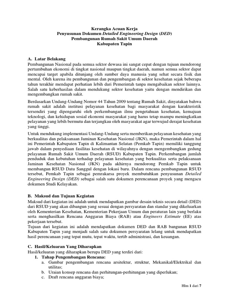 KAK Penyusunan DED RSUD Tapin PDF | PDF