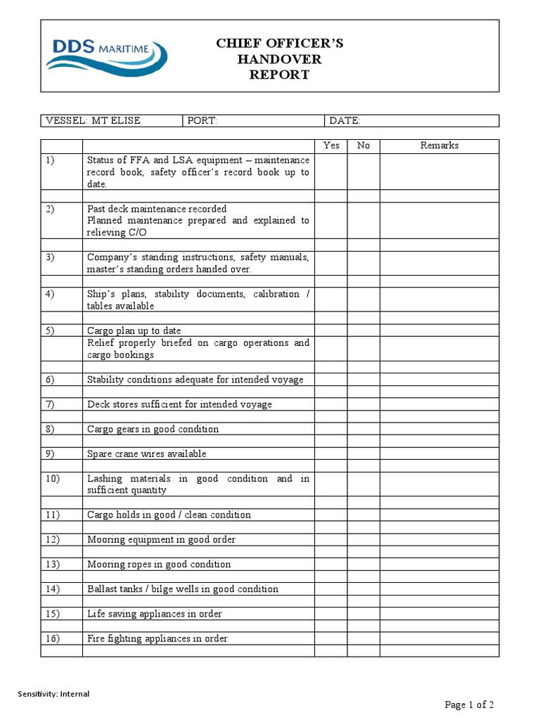10-PER Form 103-Chief Officers Handover Report | PDF | Ships | Watercraft