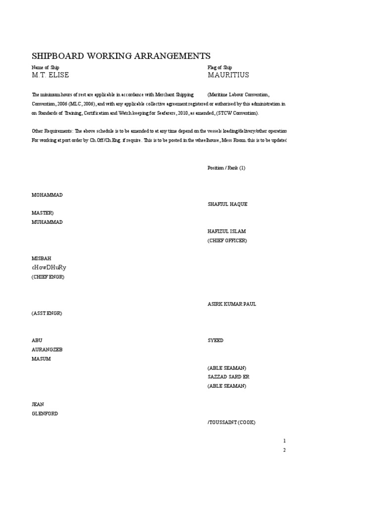Schedule of Shipboard Working Arrangements for M.T. ELISE Outlining ...