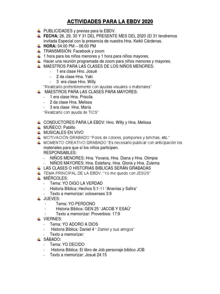 Actividades Para La Ebdv 2020 Pdf