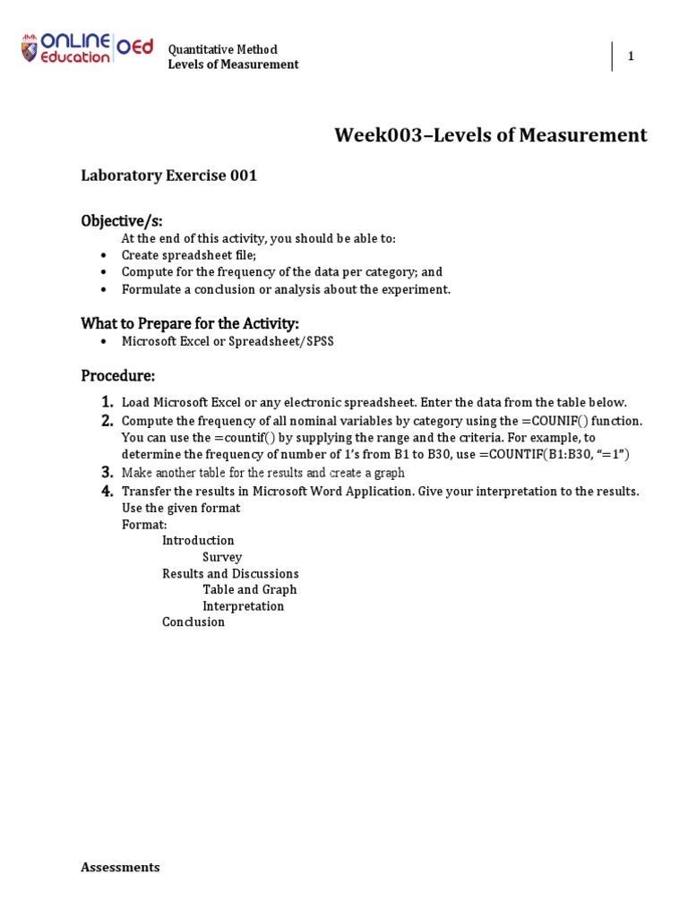 Week003-Levels of Measurement: Laboratory Exercise 001 | PDF | Spreadsheet | Level Of Measurement