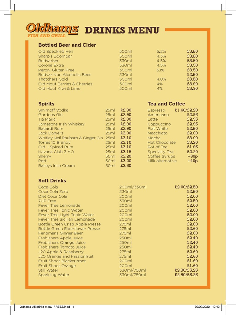 Oldhams A5 Drinks Menu PRESS PDF | PDF | Drink | Rose