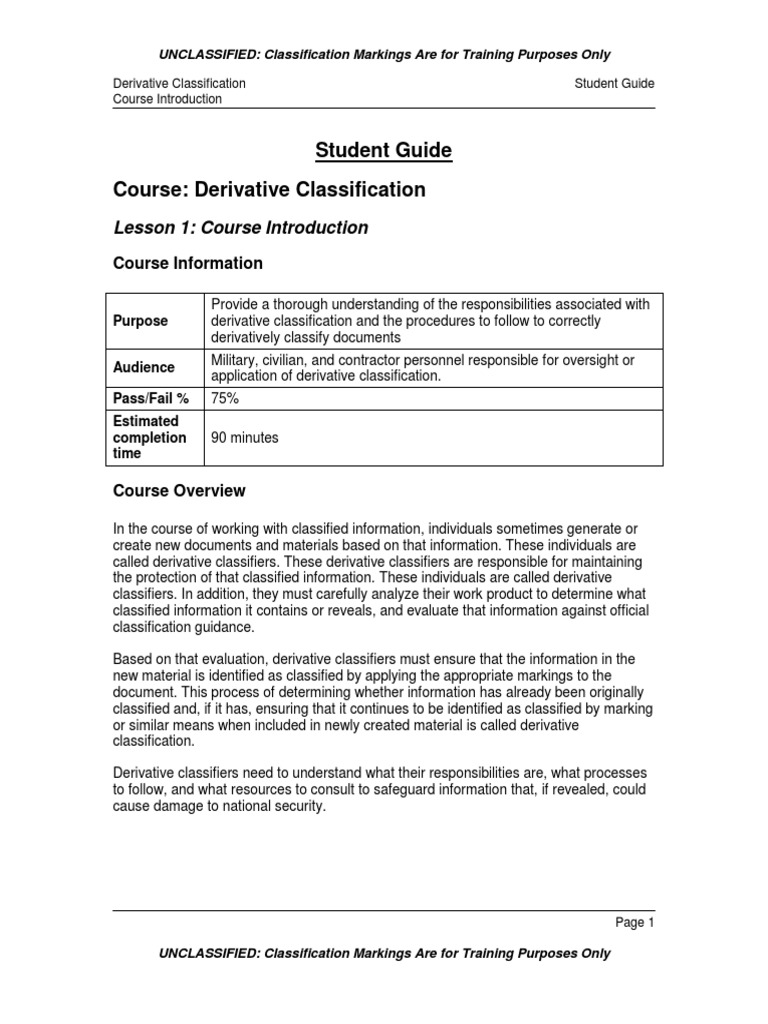 Student Guide Course: Derivative Classification | PDF | Classified ...
