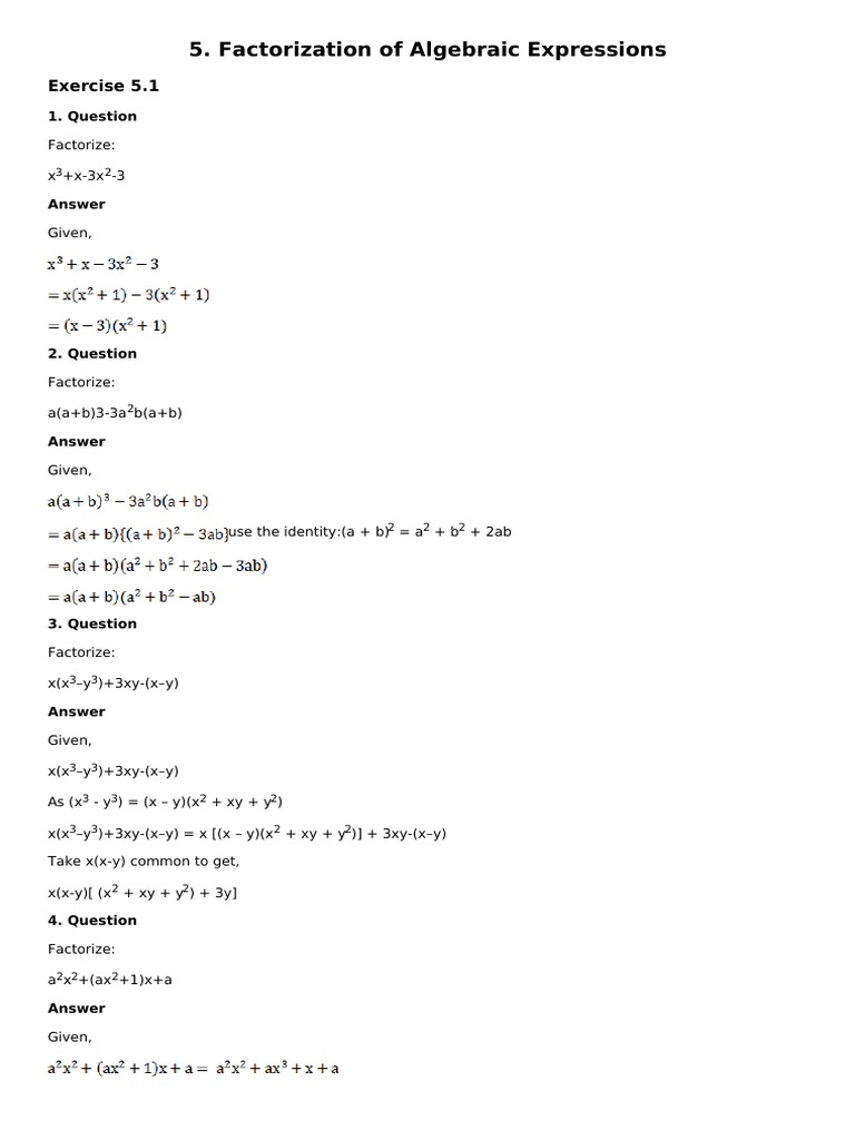 Chapter - 5. Factorization of Algebraic Expressions | PDF | Length ...