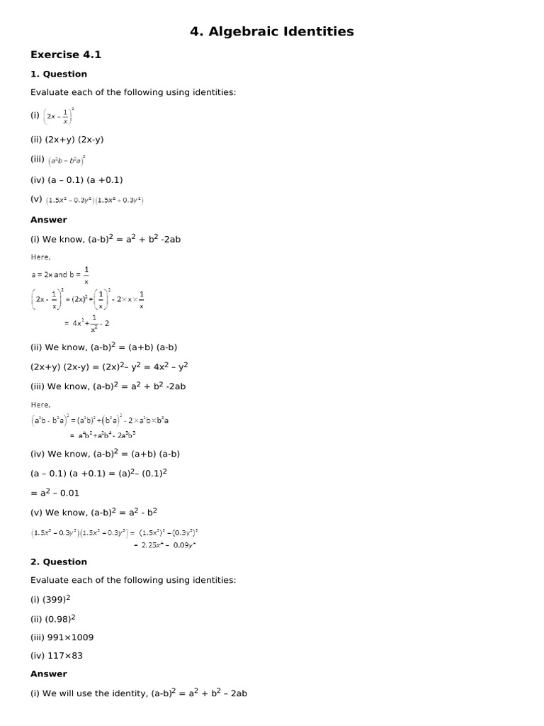 Algebraic Identities Exercises and Solutions | PDF | Mathematical ...