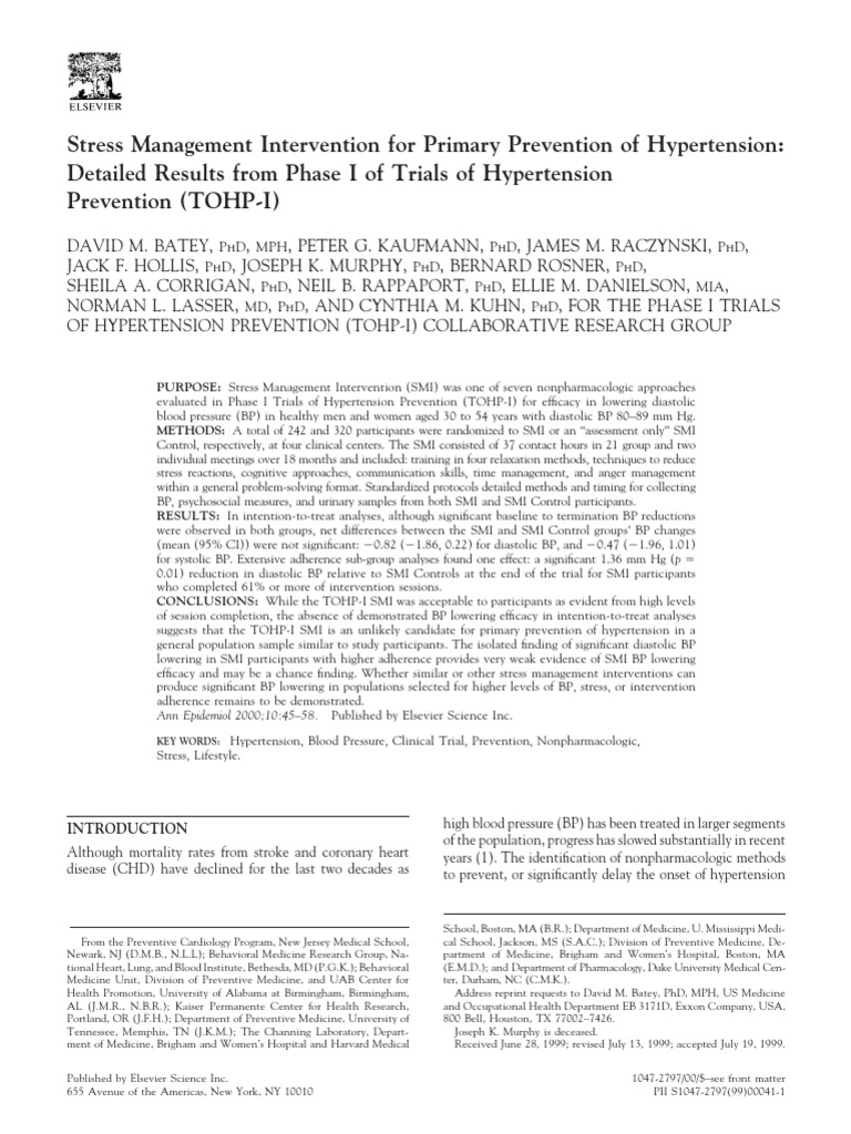 Stress Management Intervention For Primary Prevention of Hypertension ...