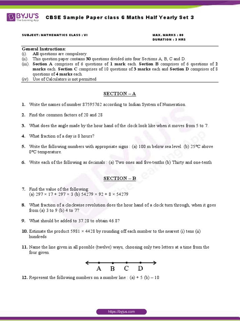 CBSE Sample Paper Class 6 Maths Half Yearly Set 3 | PDF | Triangle ...
