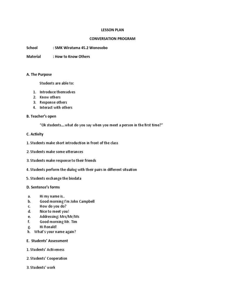 Lesson Plan Conversation Program School: SMK Wiratama 45.2 Wonosobo ...
