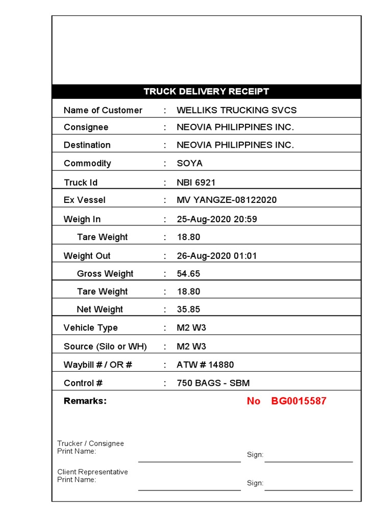 Truck Delivery Receipt: Remarks | PDF