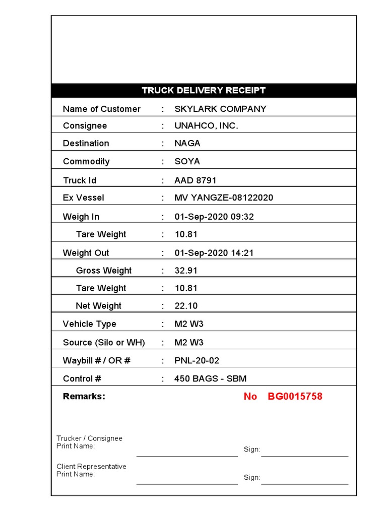 Truck Delivery Receipt: Remarks | PDF