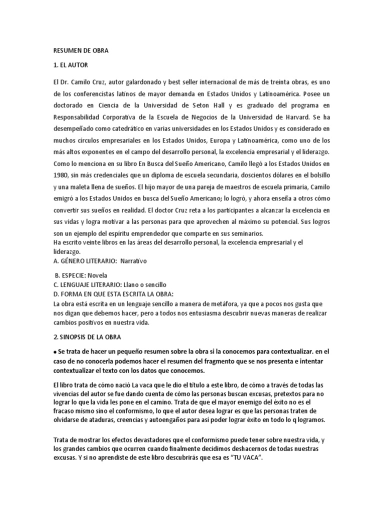 RESUMEN DE OBRA La Vaca | Descargar gratis PDF | Vacas | Pobreza
