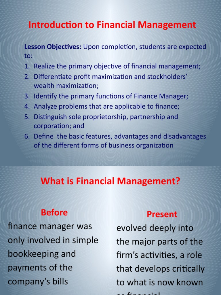 Introduction To Financial Management: Lesson Objectives: Upon ...