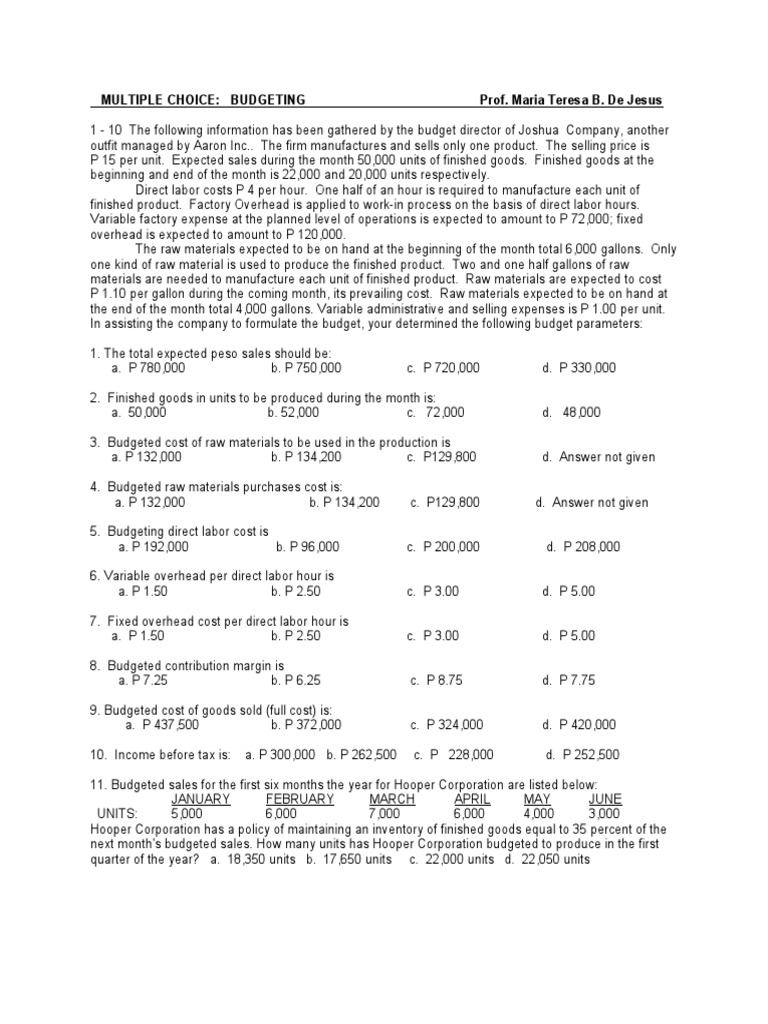 Budgeting Multiple Choice | PDF | Management Accounting | Business ...