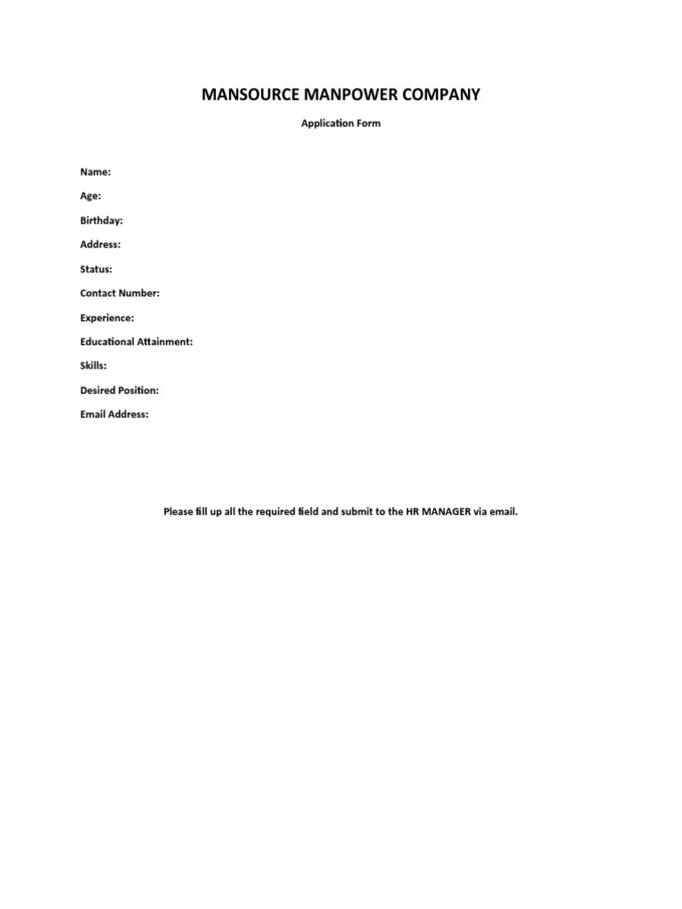 Mansource Manpower Company: Application Form | PDF