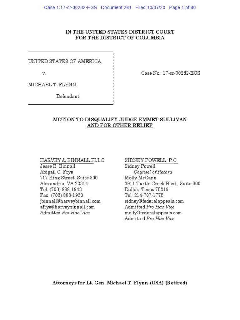 Flynn Motion To Disqualify Judge Emmet Sullivan - October 7, 2020 | PDF ...
