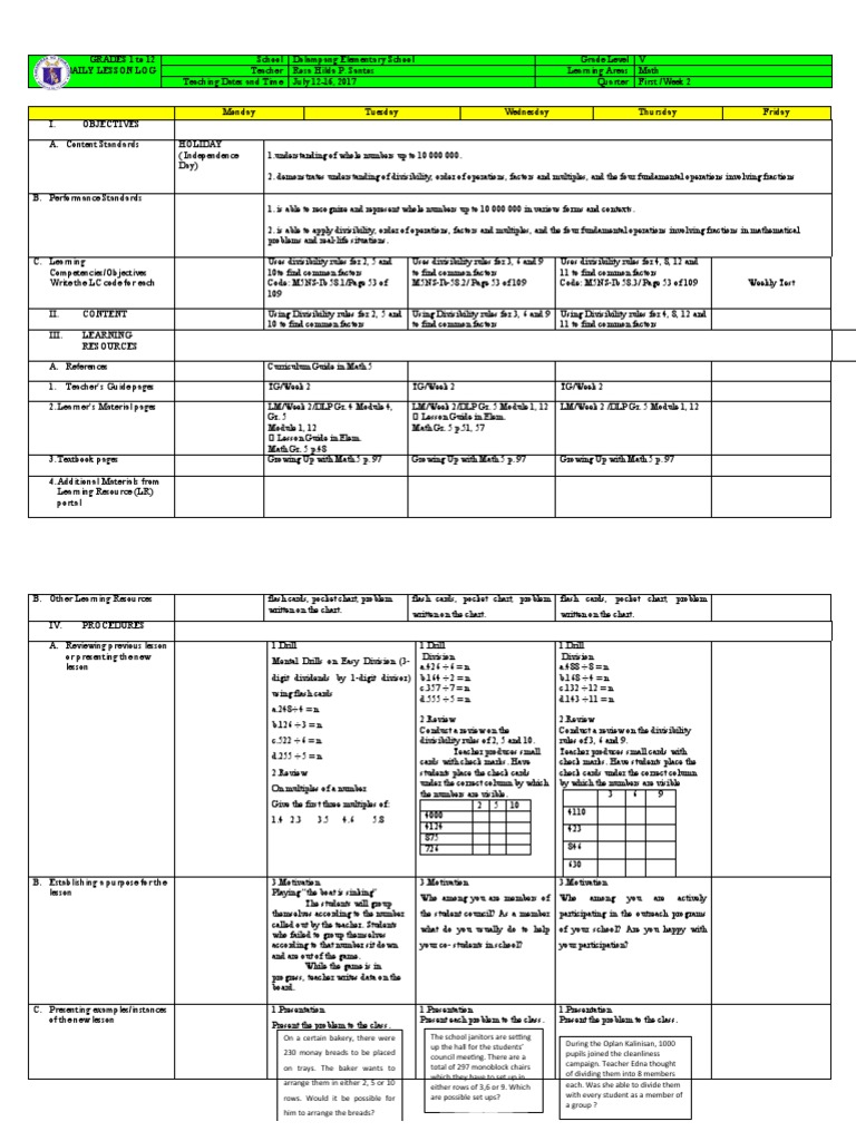 Grade 5 Math Daily Lesson Log | PDF | Education Theory | Learning