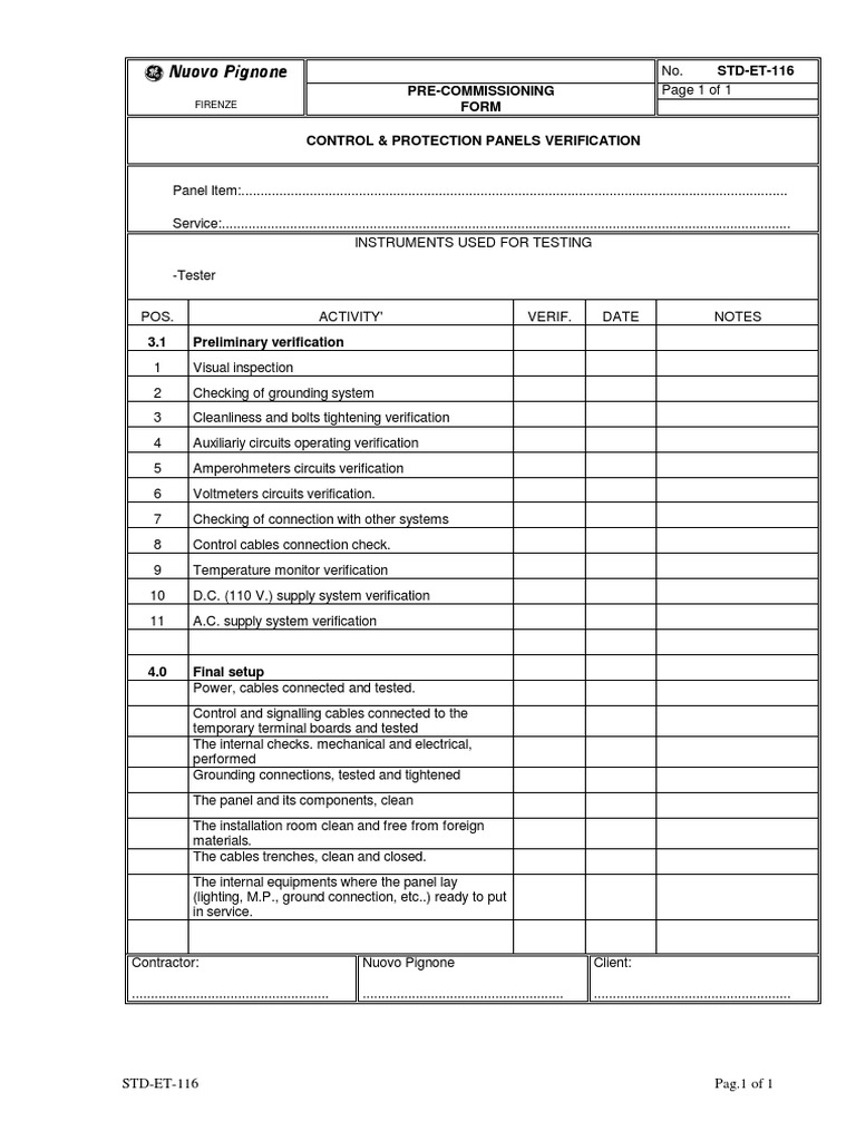 Pre-commissioning control panel verification checklist | PDF | Electric ...