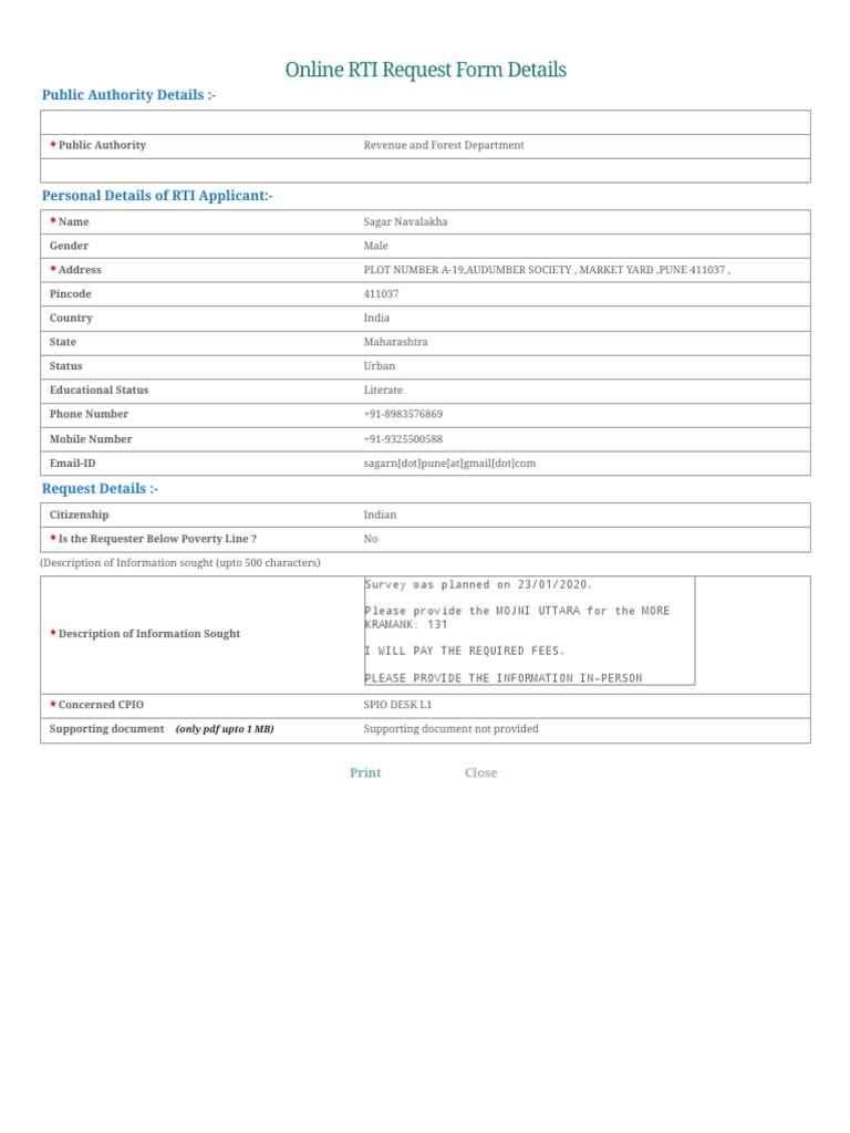 Online RTI Request Form Details | PDF