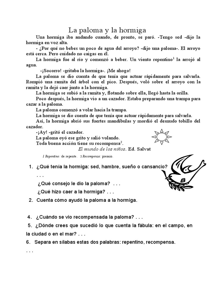 La paloma y la hormiga: fábula y actividades | PDF