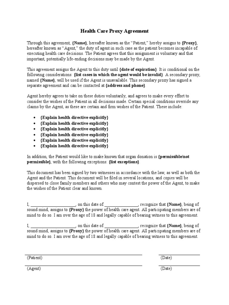 Health Care Proxy Agreement: Permissible), With The Following ...