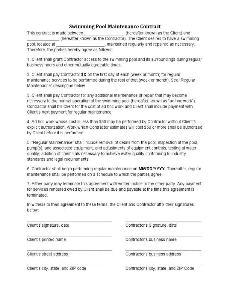 Swimming Pool Maintenance Contract | Download Free PDF | Business ...