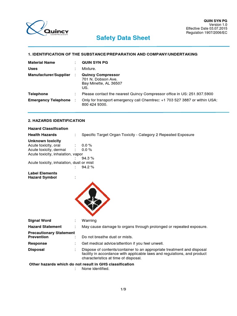 SDS - Quin Syn PG - 030715 - Us - en | PDF | Toxicity | Personal ...