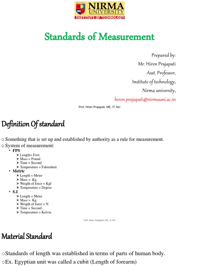 Standards of Measurement: Prepared By: Mr. Hiren Prajapati Asst ...
