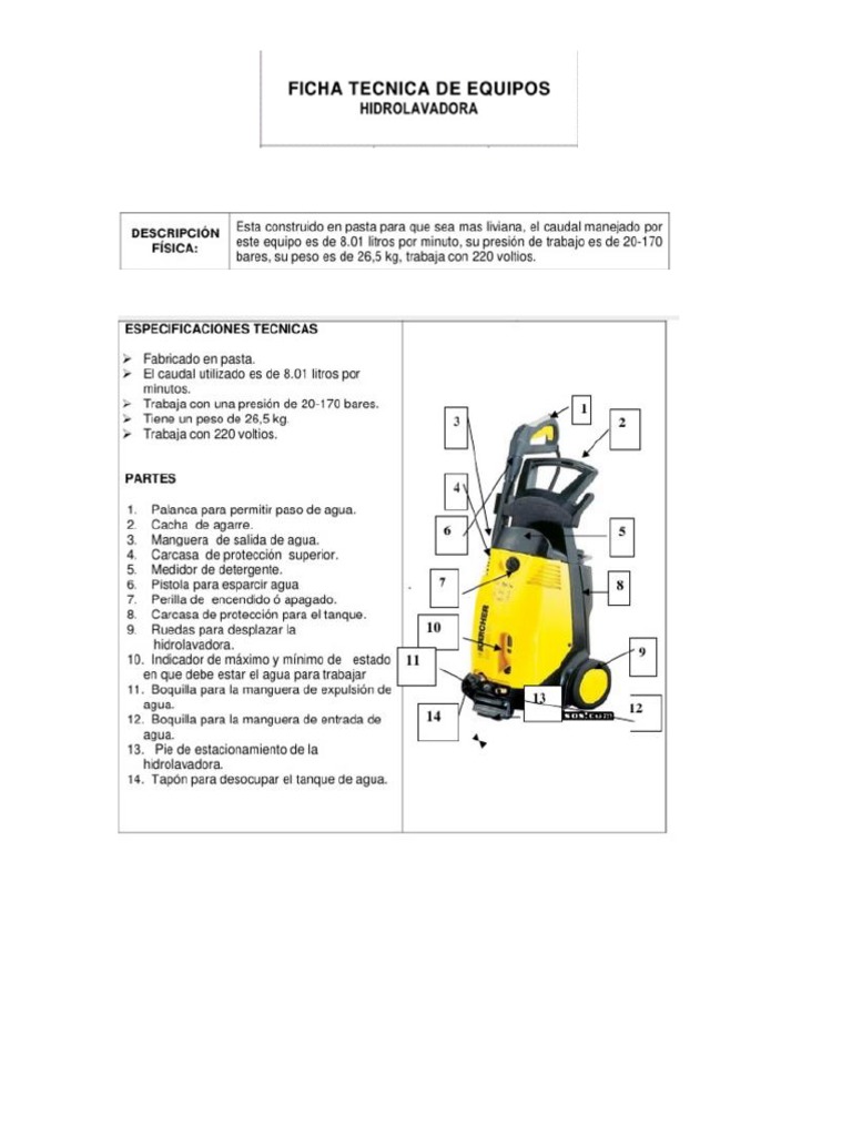 Ficha Tecnica de Hidrolavadora | PDF