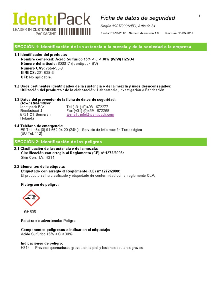 Ficha Tecnica. Ácido Sulfúrico | PDF | Residuos | Toxicidad