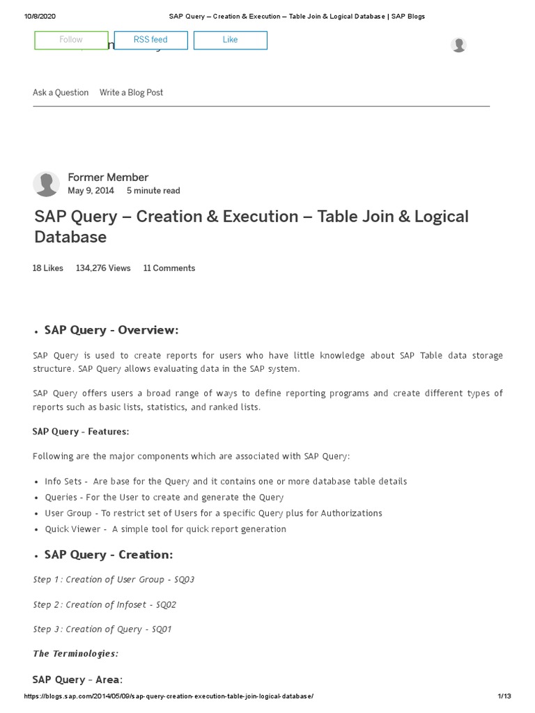 Sap Query Creation And Execution Table Join And Logical Database Sap Blogs Pdf Database 0208