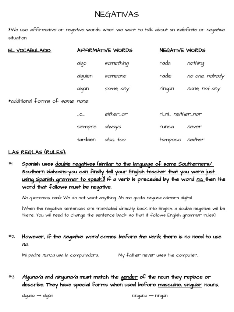 Negativas: Affirmative Negative Indefinite Negative | PDF