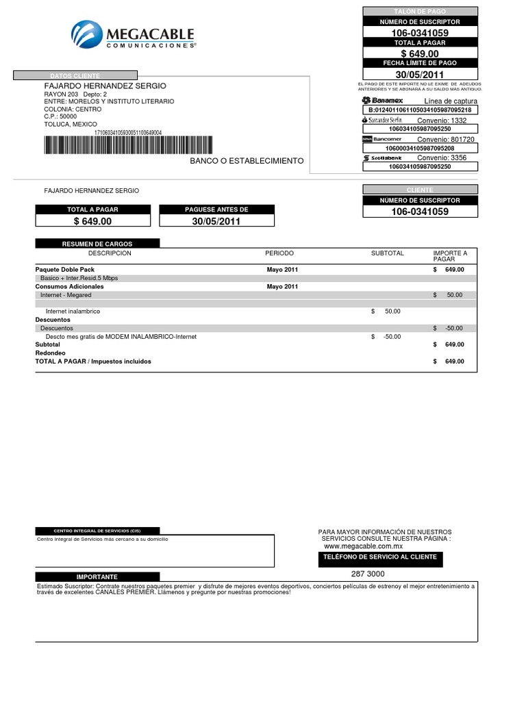 Talón de pago de servicios de televisión por cable que detalla los ...