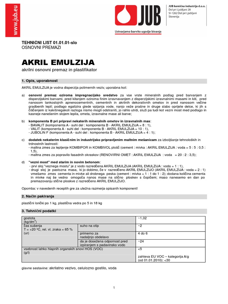 Akril Emulzija Acrylate - Tehnicni List | PDF
