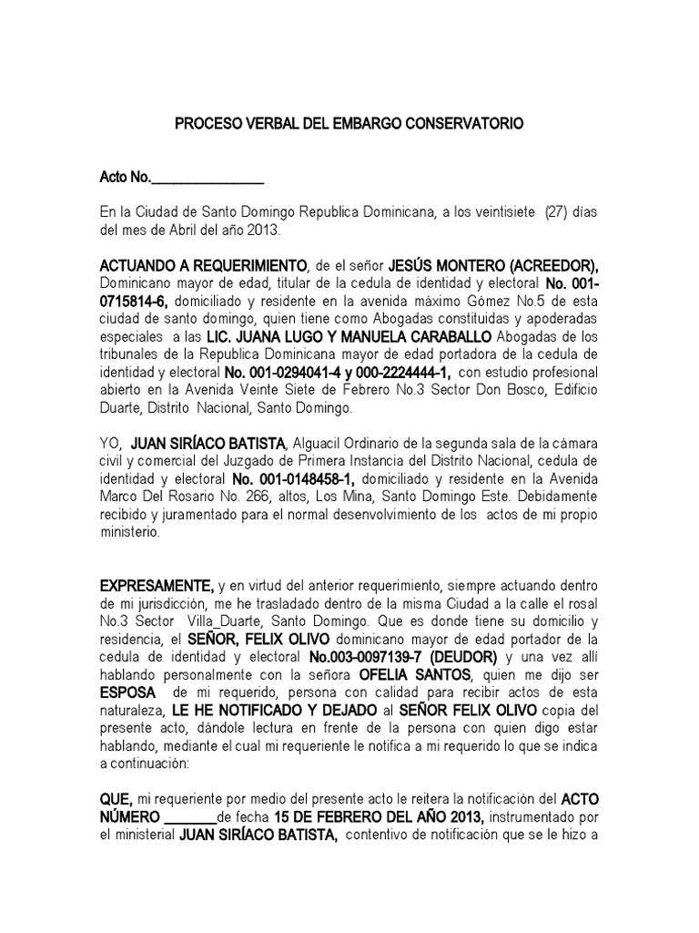 Proceso Verbal Del Embargo Conservatorio | PDF | República Dominicana ...