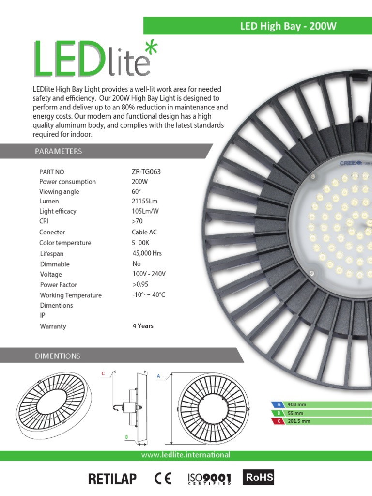 200W LED High Bay Light Specifications | PDF | Lighting | Manufactured ...