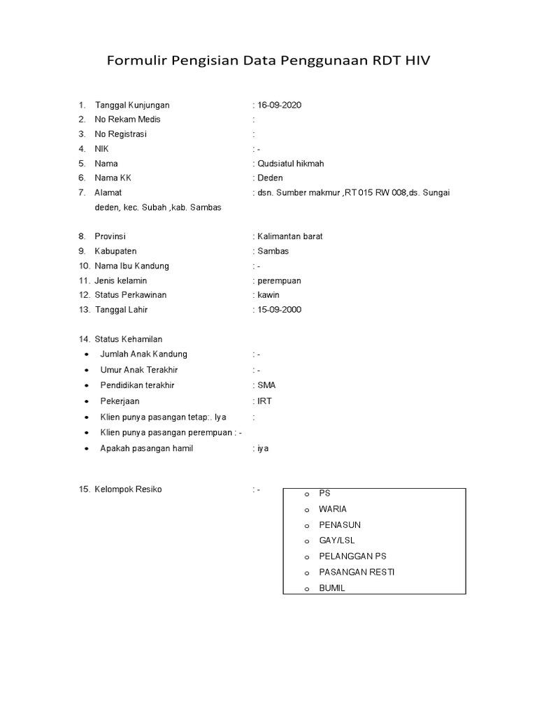 Formulir Pengisian Data Penggunaan RDT HIV-1 | PDF