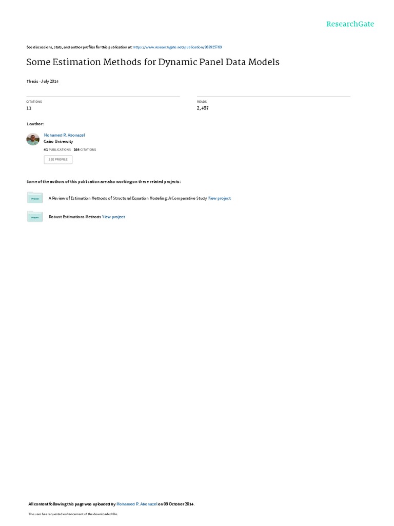 Some Estimation Methods For Dynamic Panel Data Models: July 2014 | PDF | Estimator | Estimation ...