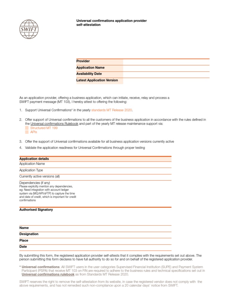 Swift Universal Confirmation Application Provider Self Attestation