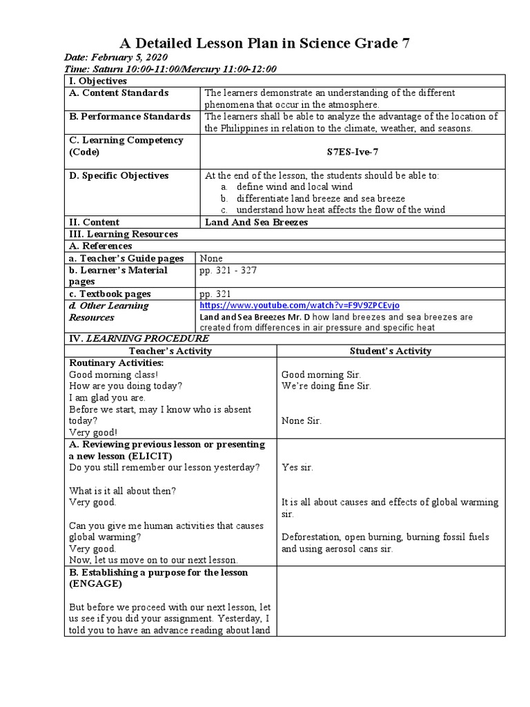 A Detailed Lesson Plan in Science Grade 7: Date: February 5, 2020 Time ...