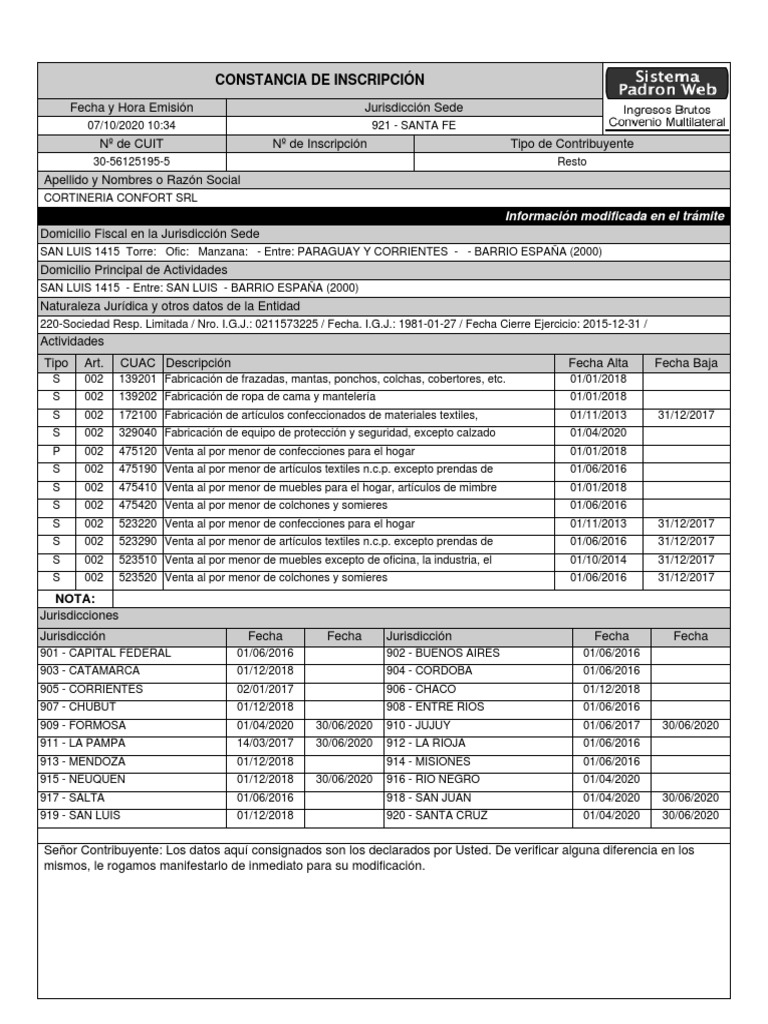 Constancia Convenio Multilateral | PDF | Ropa | Textil Y Ropa