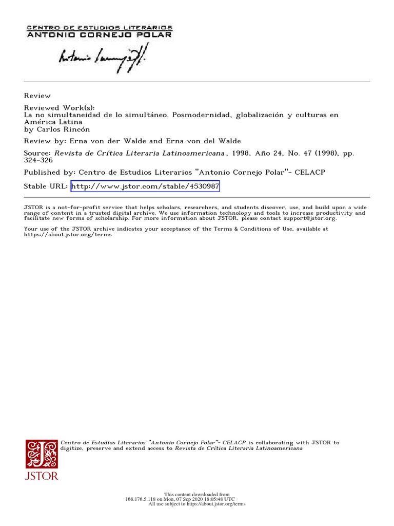 Reseña de La No Simultaneidad de Lo Simultaneo de Carlos Rincón (Erna ...