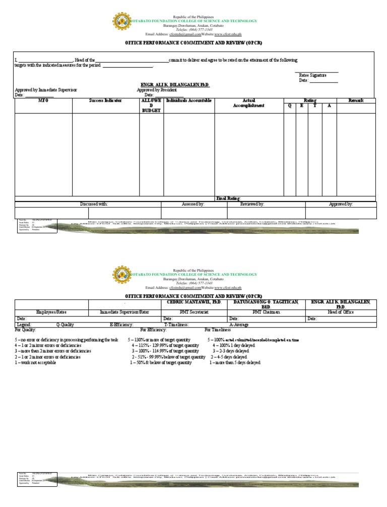 Office Performance Commitment and Review (Opcr) : Cotabato Foundation ...